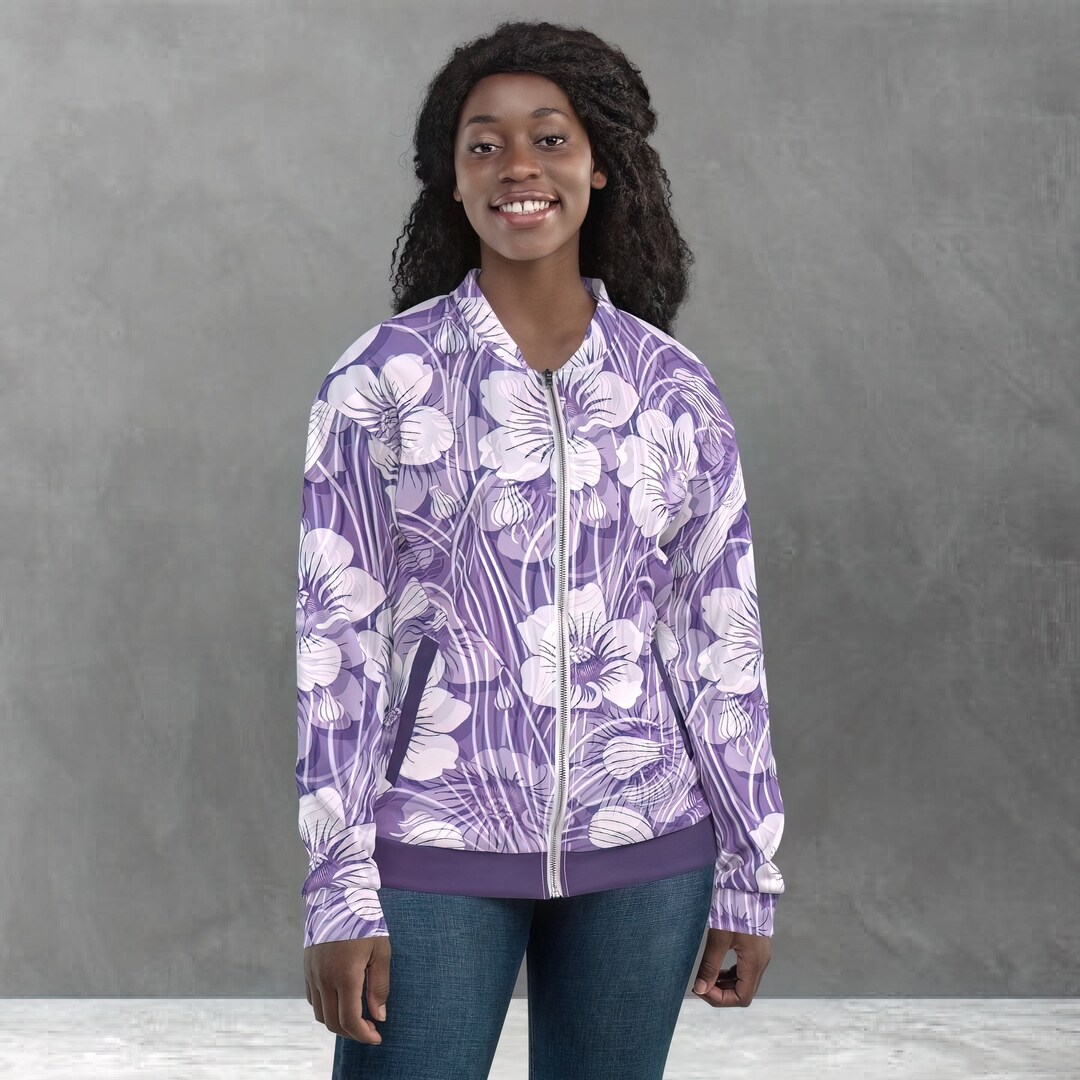 Lavender Bomber Style Jacket, Womens Light Weight Original Floral Print ...