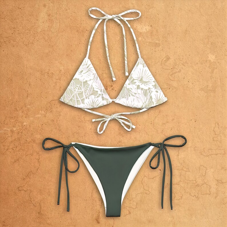 Leaf Green and Cream Tie Side Bikini, Original Flower Pattern Womens ...