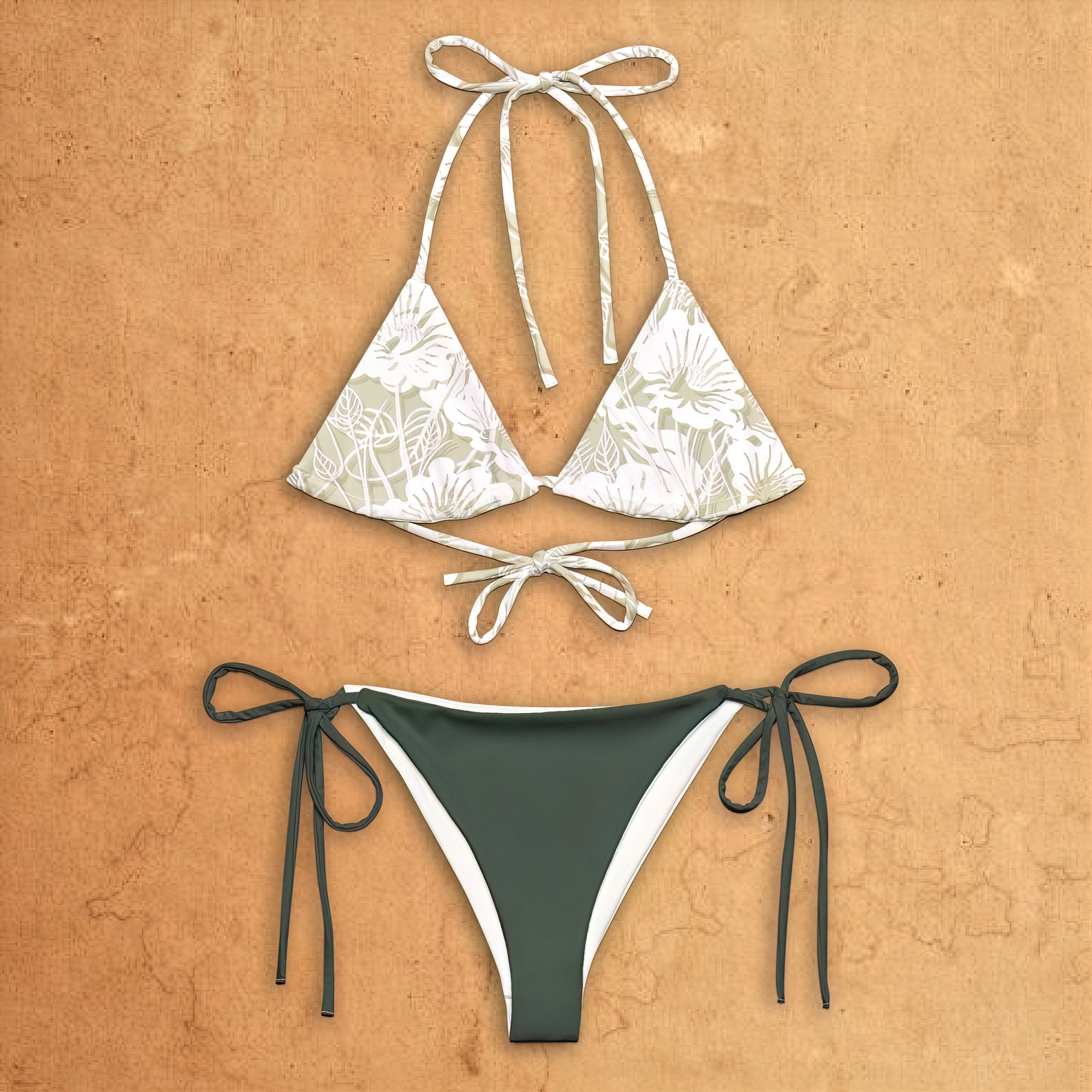 Leaf Green and Cream Tie Side Bikini, Original Flower Pattern Womens ...