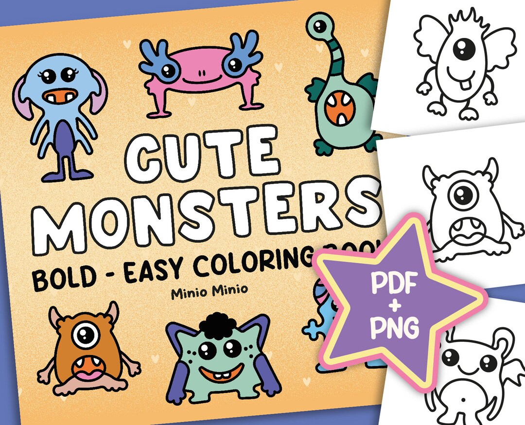 Cute Monsters Bold & Easy Coloring Pages | Digital Coloring Book | PNG ...
