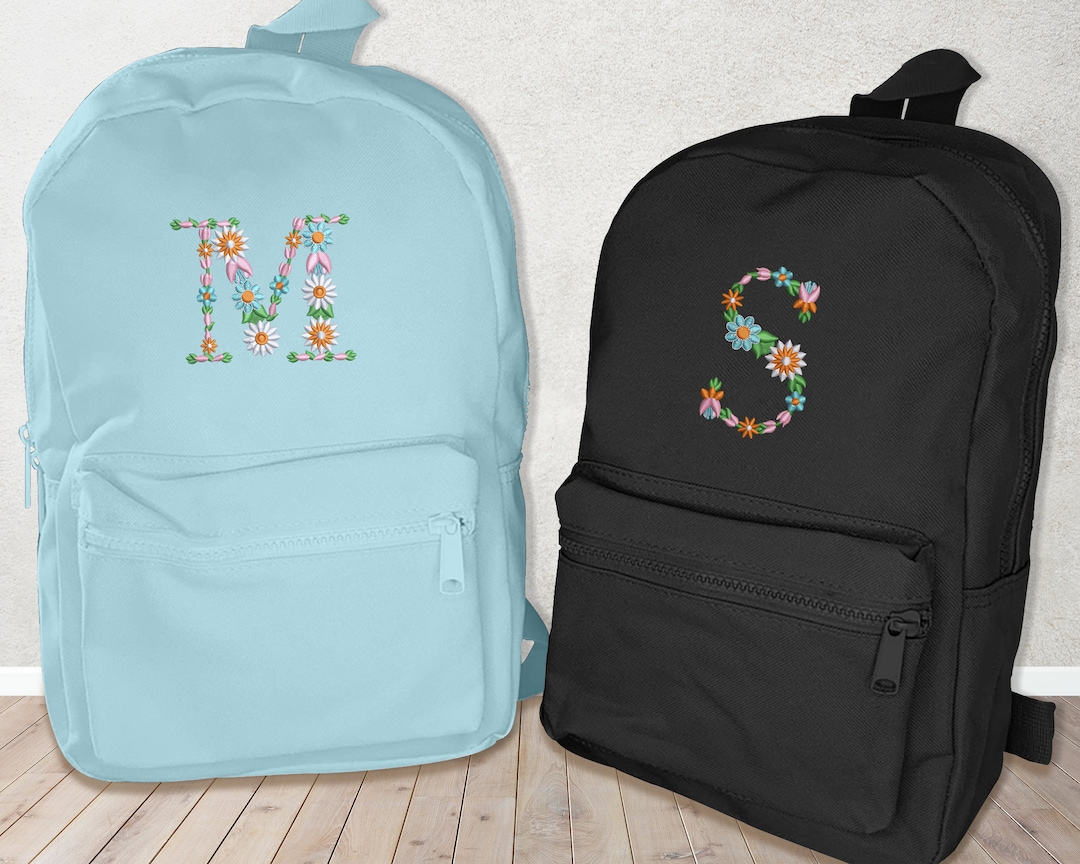Custom Embroidered Initials Floral Backpacks, Personalised Flower ...