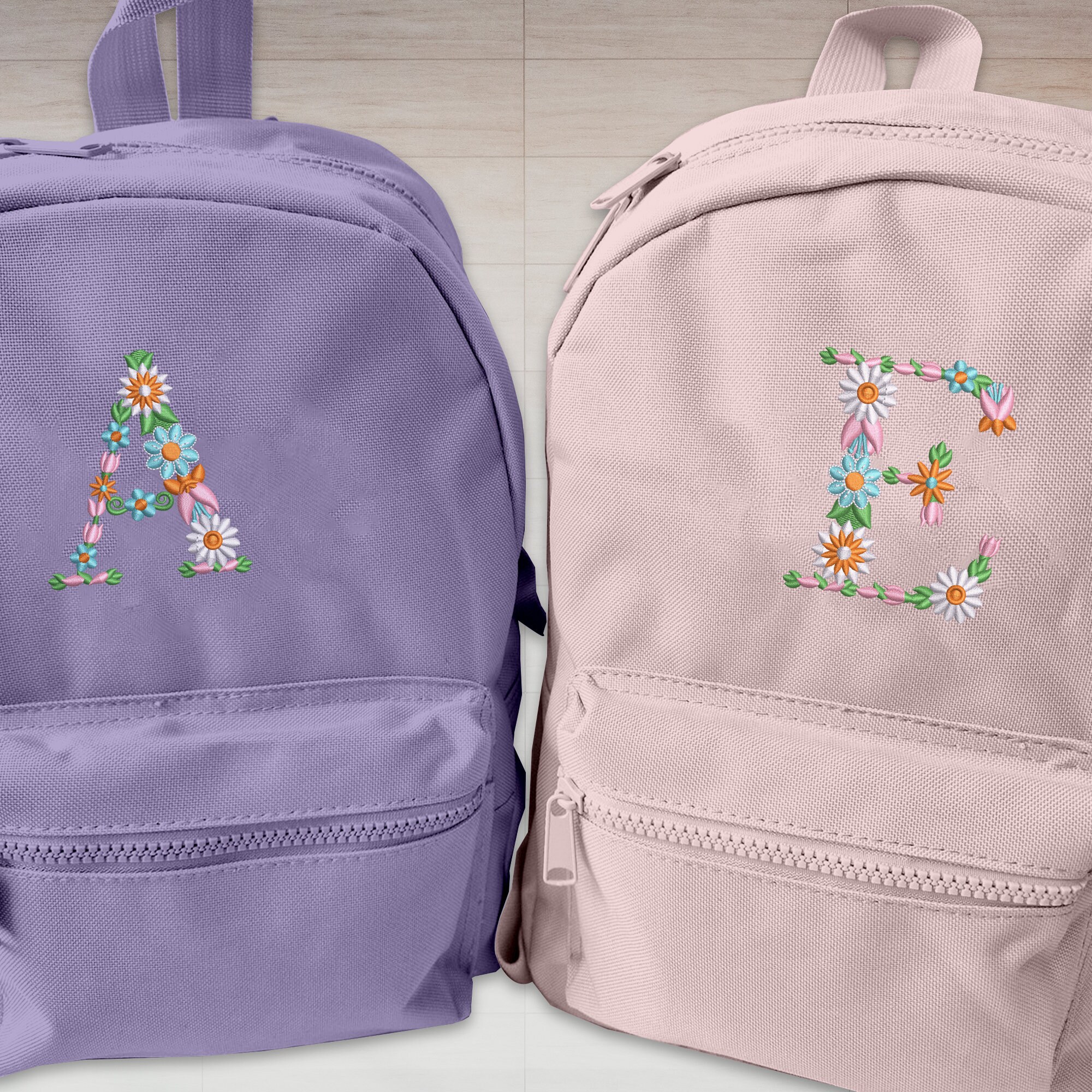 Custom Embroidered Initials Floral Backpacks, Personalised Flower ...