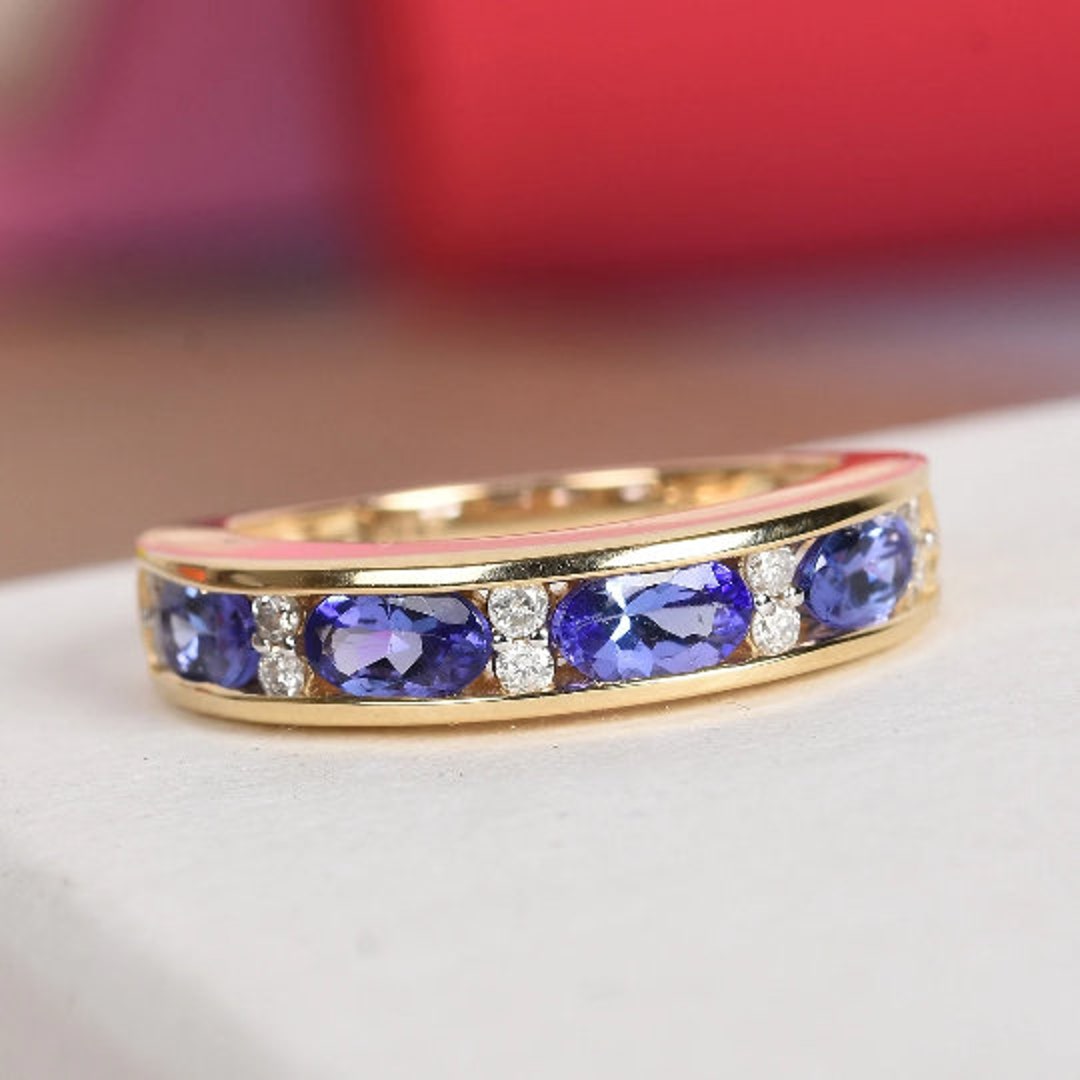 AAAA Tanzanite With Moissanite Band Ring in Yellow Gold Plated Sterling ...