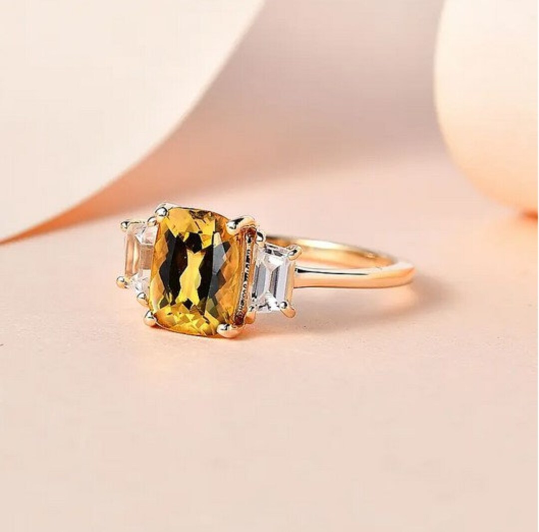 9K Yellow Gold Heliodor and Natural Zircon 3 Stone Ring, Yellow Beryl ...