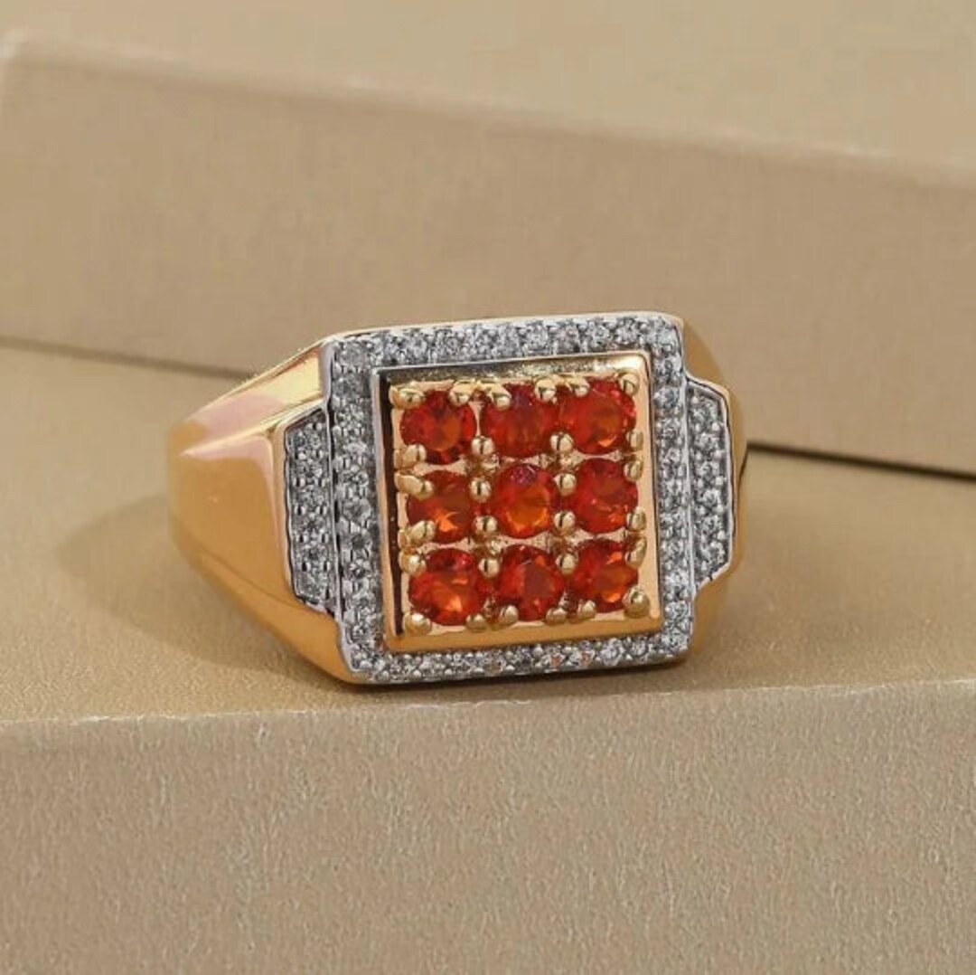 Mexican Fire Opal Men's Ring in Yellow Gold Plated Sterling Silver ...