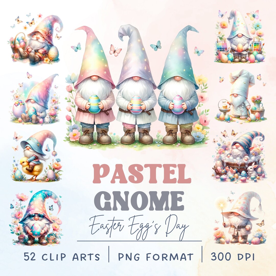 Watercolor Easter Gnome Clipart, 52 PNG Easter Clipart, Pastel Easter ...