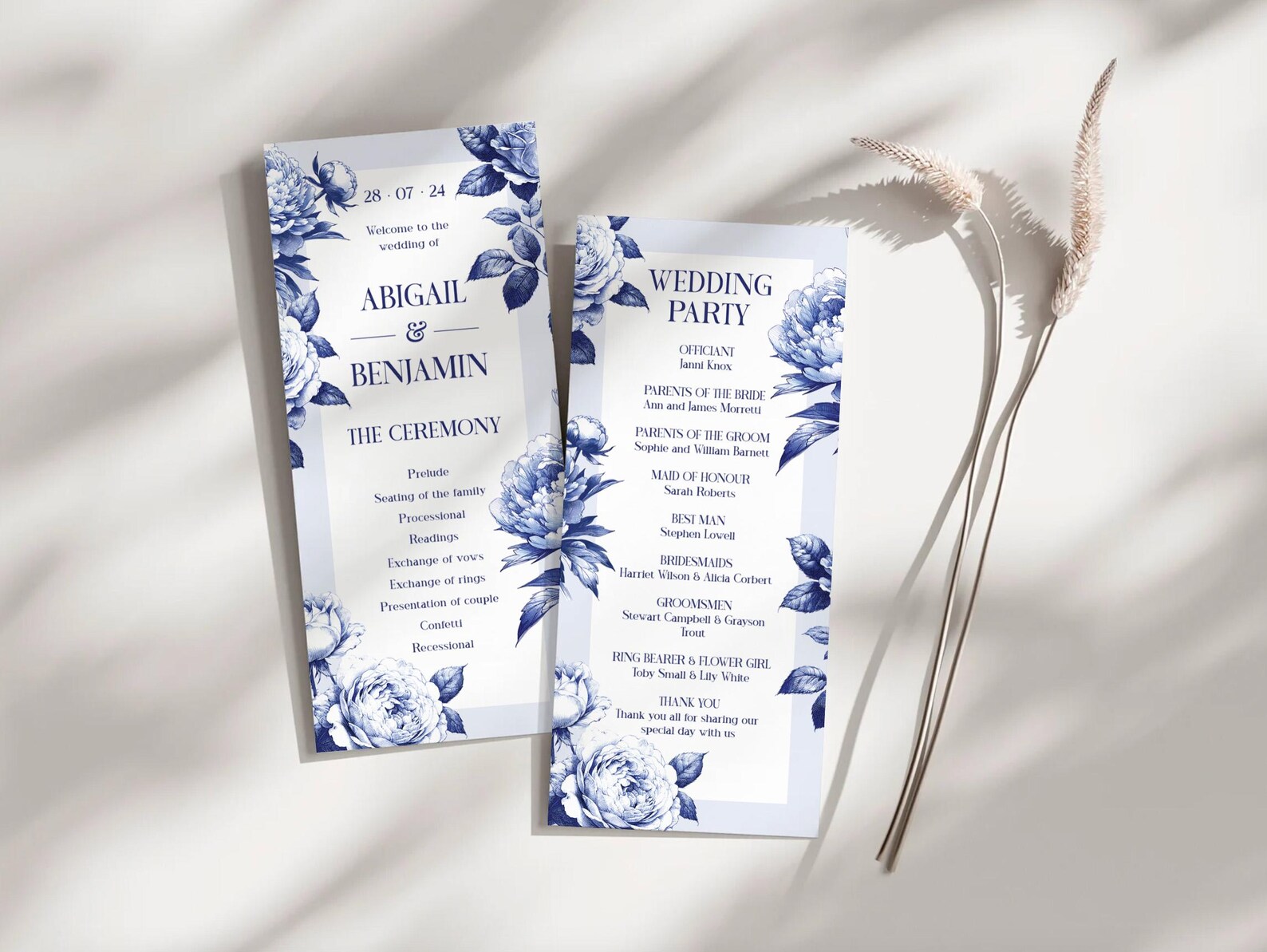 Elegant Blue Floral Wedding Program, Double-sided Program Template ...