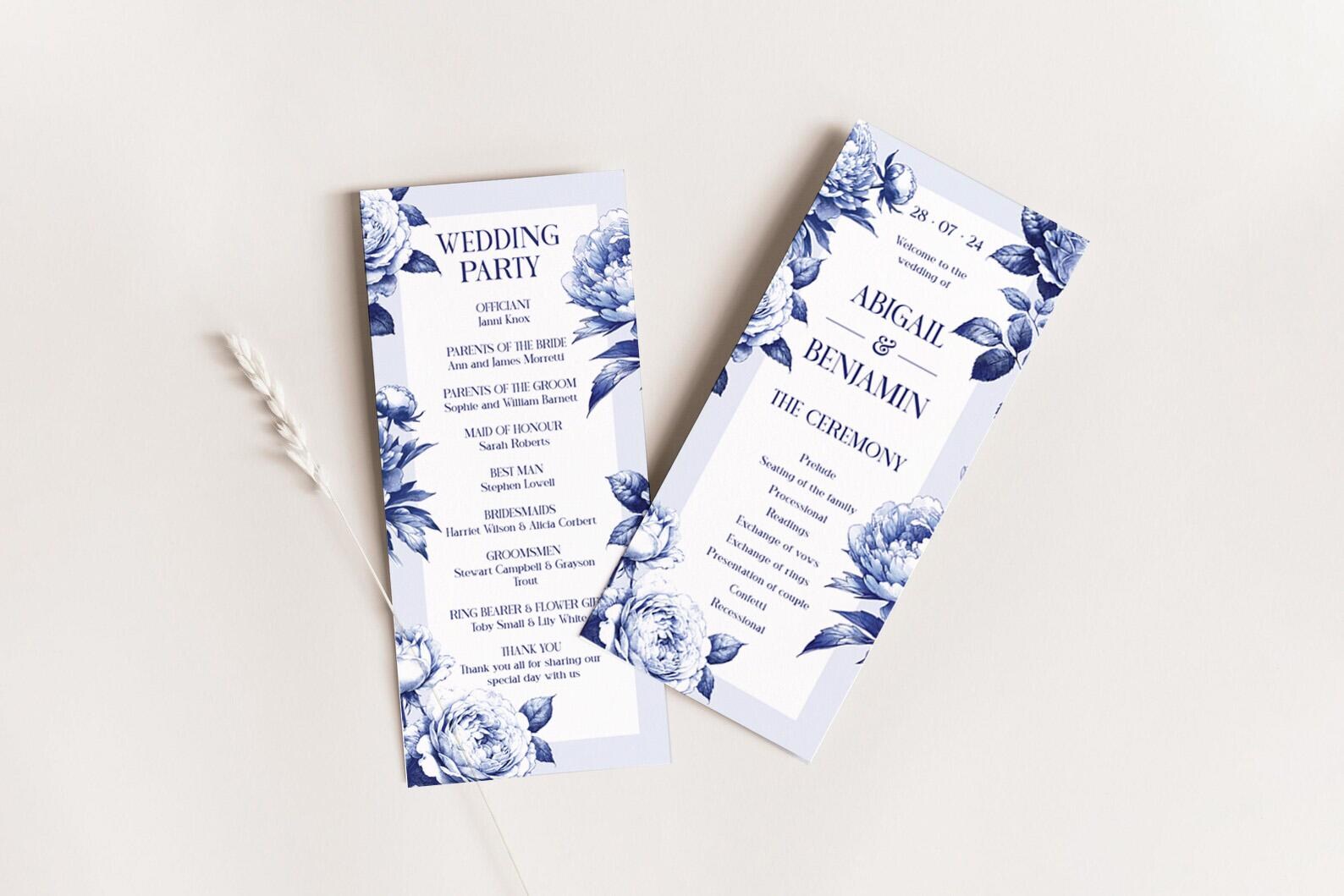 Elegant Blue Floral Wedding Program, Double-sided Program Template ...