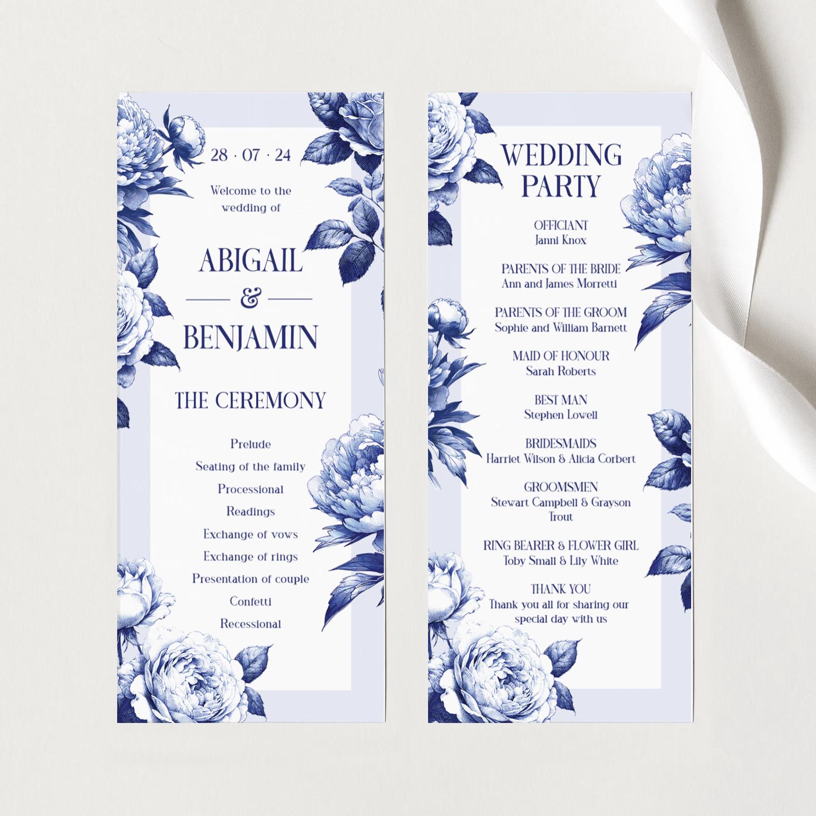 Elegant Blue Floral Wedding Program, Double-sided Program Template ...