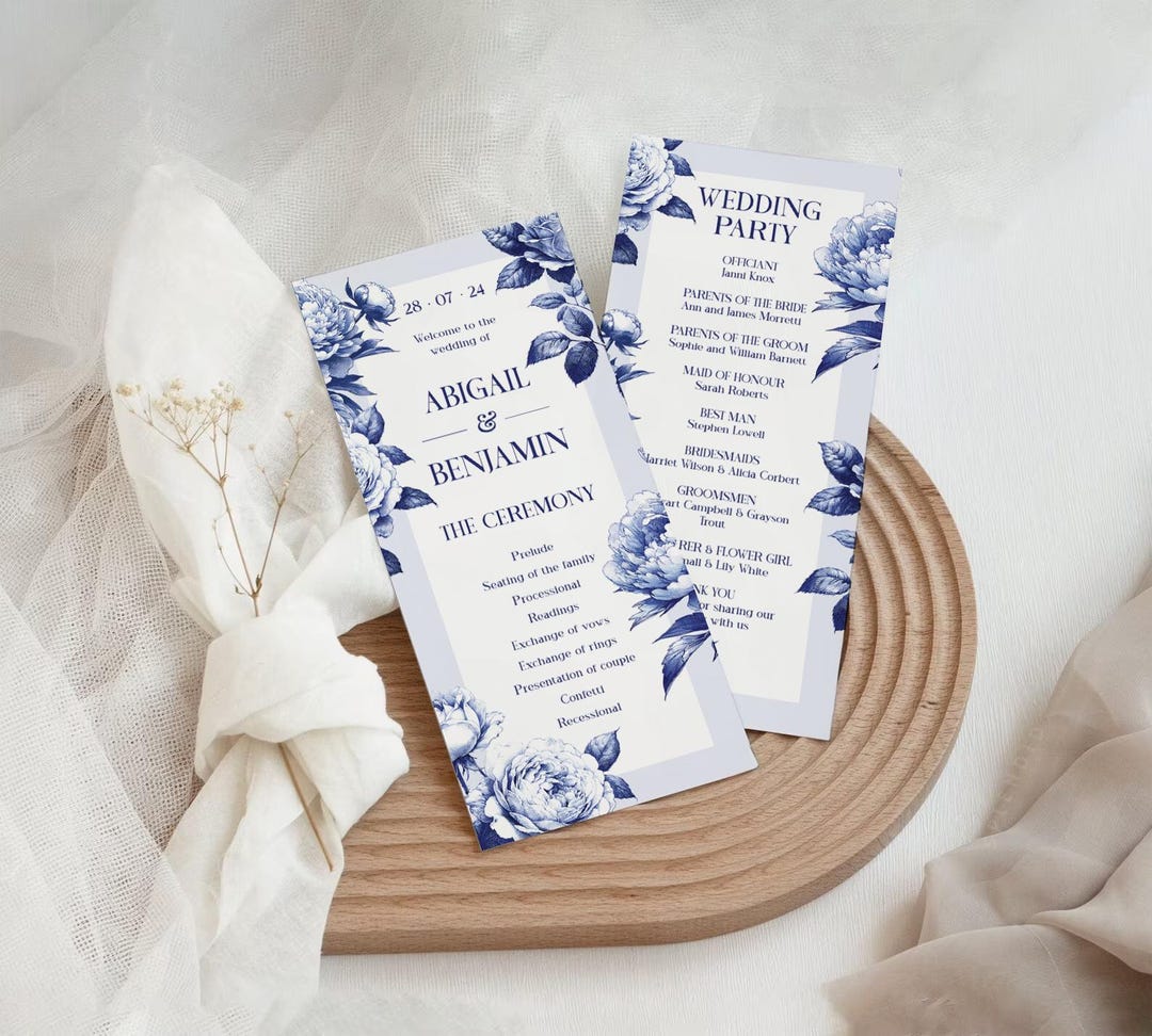 Elegant Blue Floral Wedding Program, Double-sided Program Template ...
