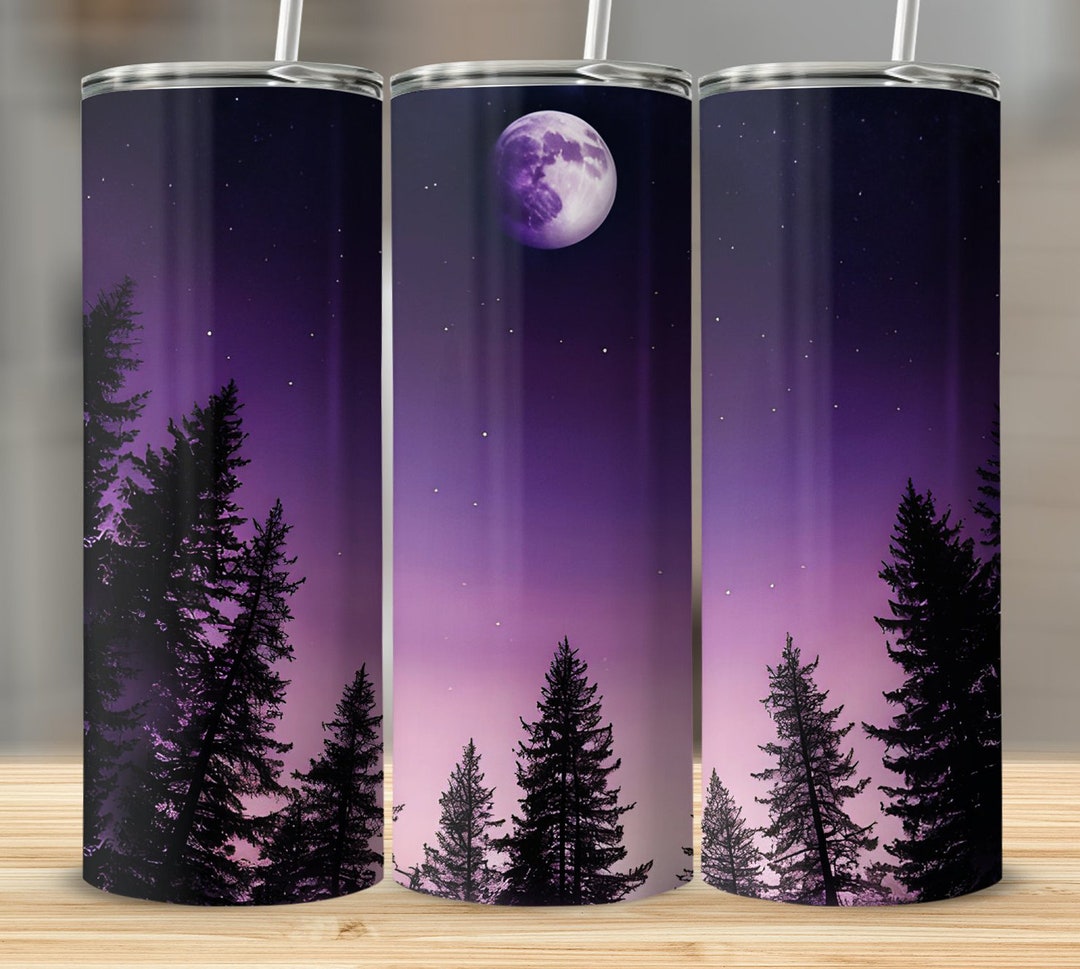 Evergreen Trees Under Moon in Purple Sky - 20 Oz Sublimation Tumbler ...