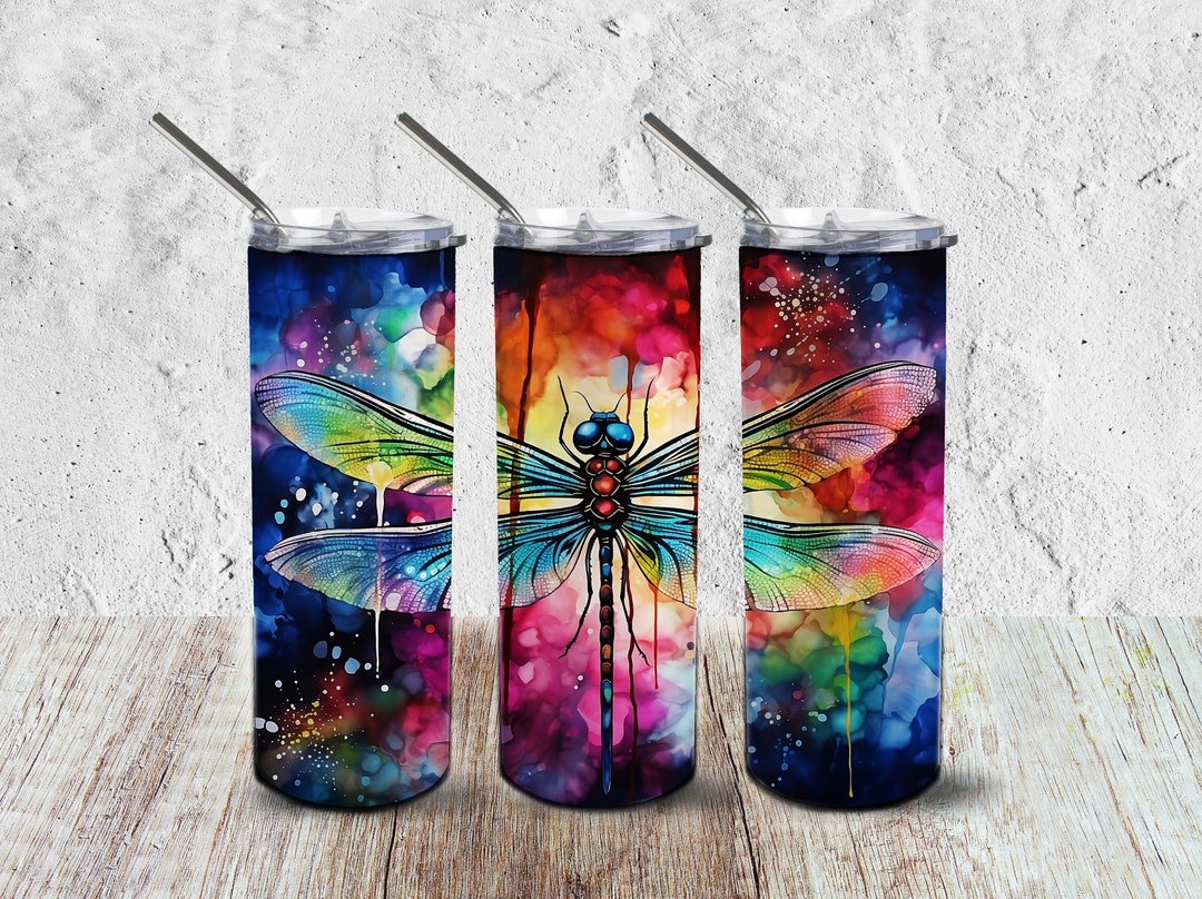 Dragonfly on Psychedelic Color Splash - 20 Oz Sublimation Tumbler Wrap ...