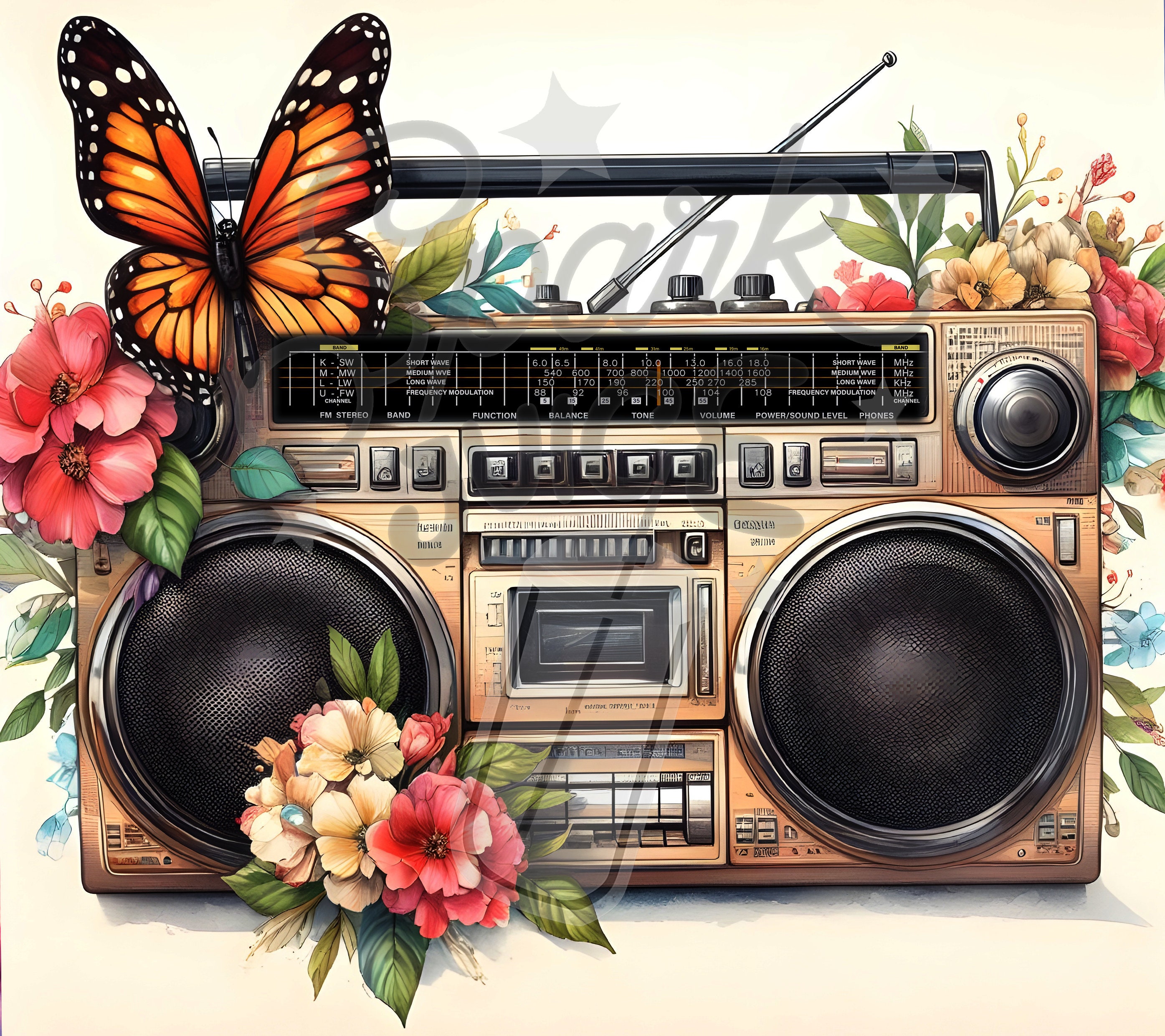 Monarch Butterfly and Flowers on Boombox Ghetto Blaster - 20 Oz ...