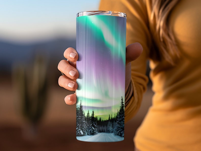 Light Purple Northern Lights Sky Above Evergreen Trees - 20 Oz ...