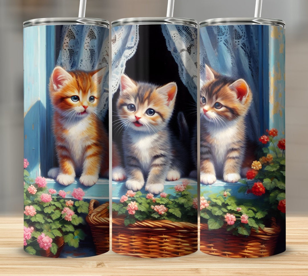 3 Cute Kittens Sitting in Window With Flowers - 20 Oz Sublimation ...