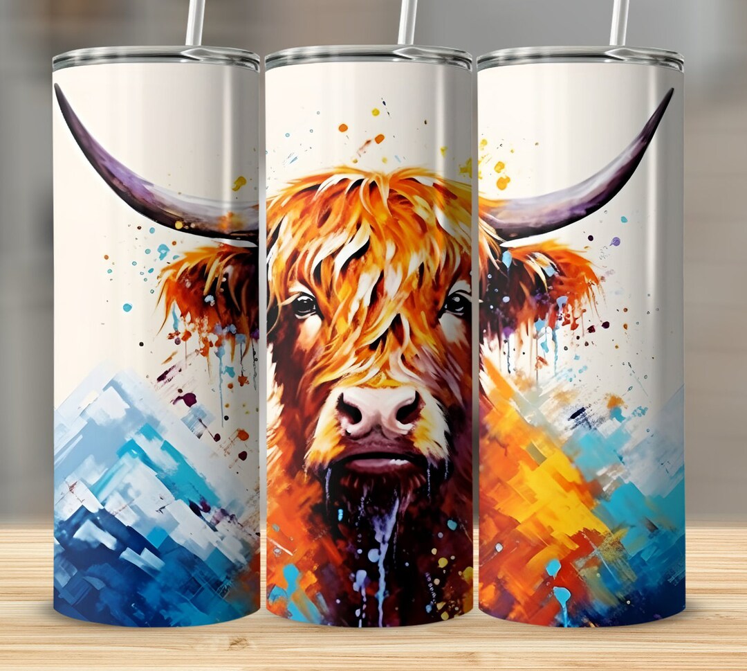 Alcohol Ink Style Brown Highland Cow With Paint Splatters - 20 Oz ...