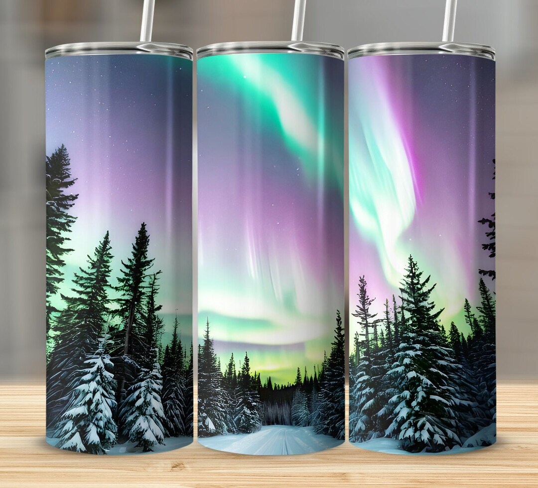 Light Purple Northern Lights Sky Above Evergreen Trees - 20 Oz ...
