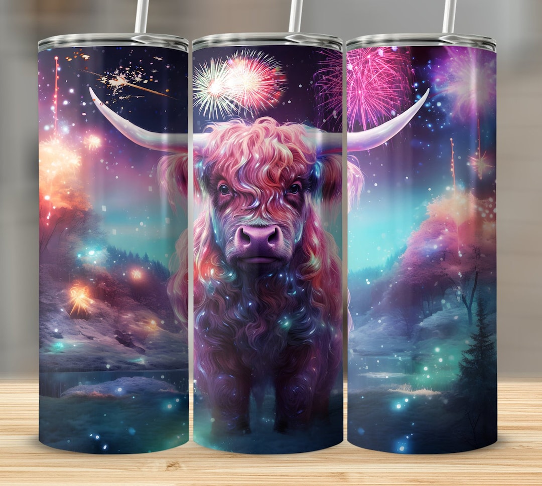 Fantasy Purple Highland Cow With Fireworks - 20 Oz Sublimation Tumbler ...