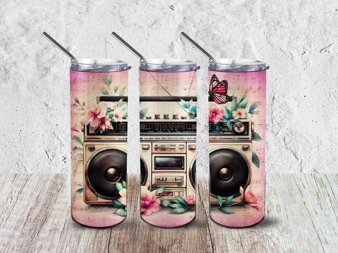 Pink Butterfly and Flowers on Boombox Ghetto Blaster - 20 Oz ...