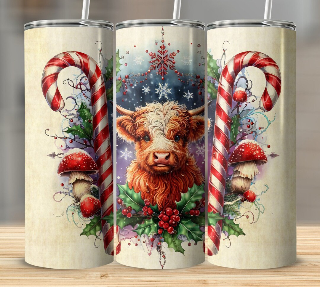 Christmas Highland Cow, Candy Canes and Mushrooms - 20 Oz Sublimation ...