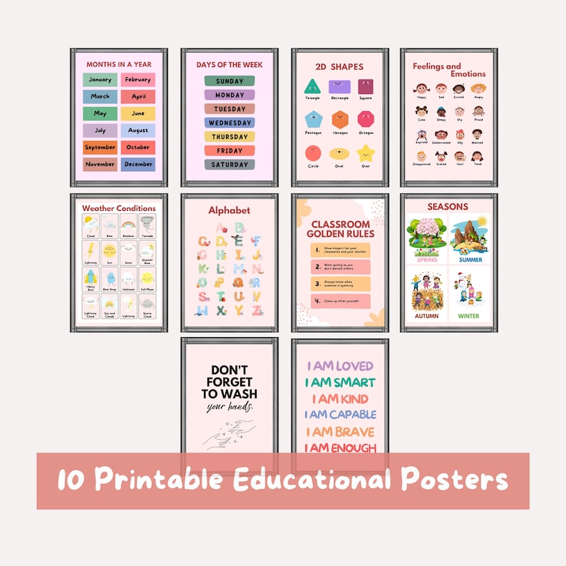 Set of 10 Rainbow Educational Posters, Classroom Decor, Homeschool ...