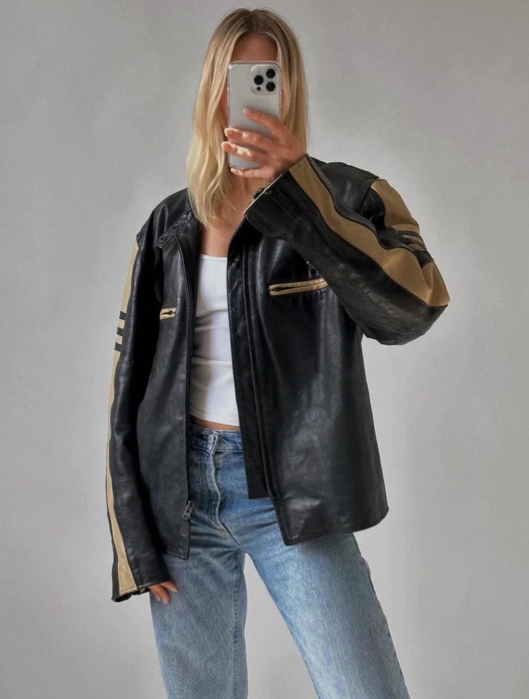 90's Womens Vintage Oversized Straight Jacket, Ladies Leather Jacket, Ladies Biker Jacket ...
