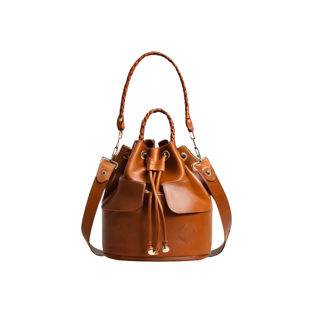 Stylish Bucket-style Leather Handbag in Rich Tan - Versatile With Short ...