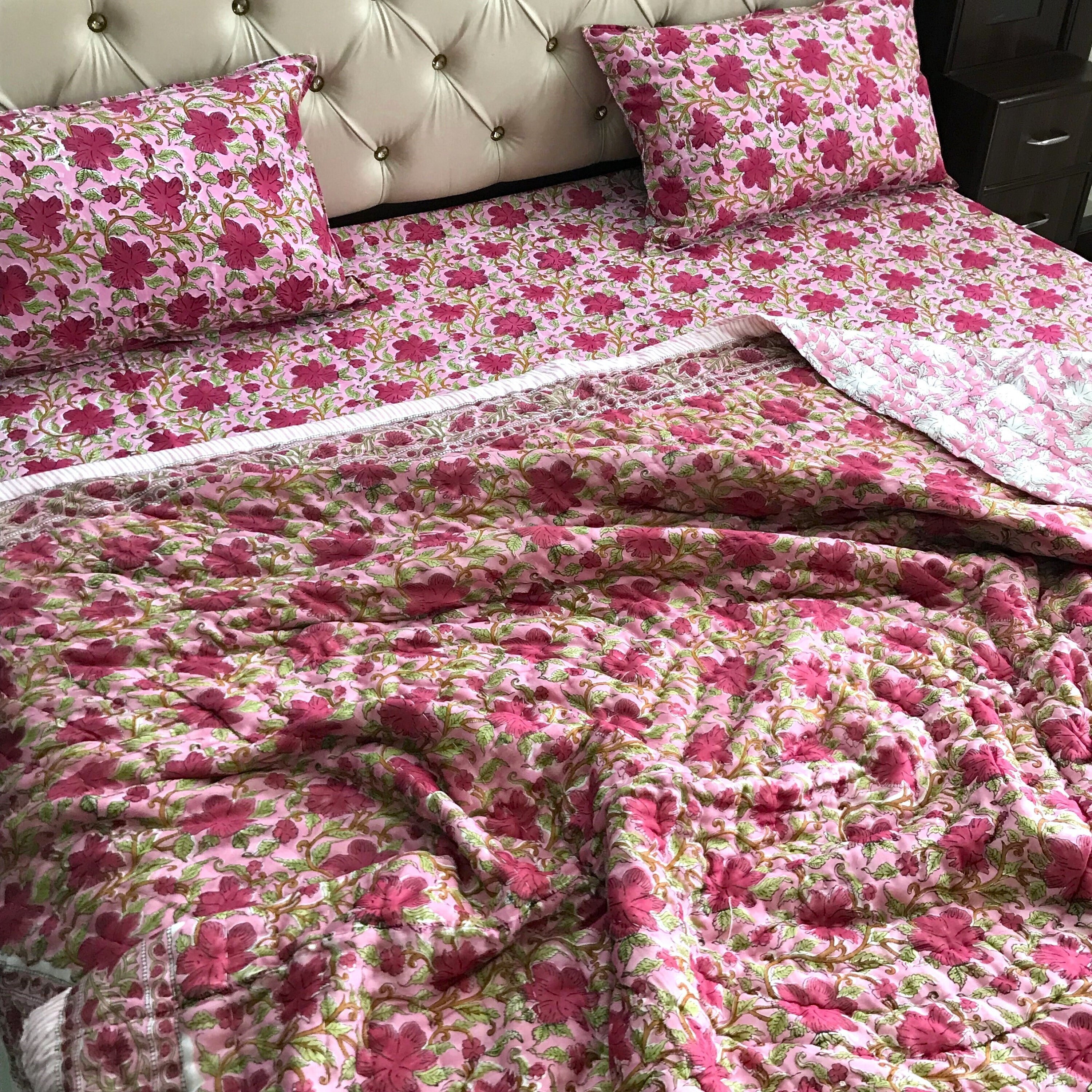 Rose Pink Cotton Bedding Set | Pink Red Floral Quilted Blanket | Pink ...