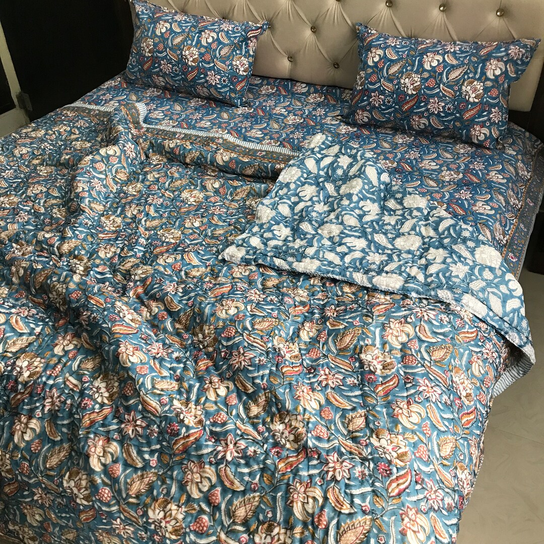 Hand Block Print Comforter Set Bedding Set Floral Print Cotton Kantha ...