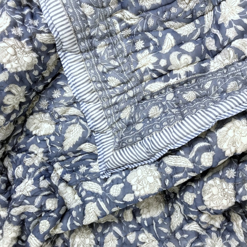 Indigo-blue Floral Kantha Quilt Bedspread: Hand-block Printed Ristic ...