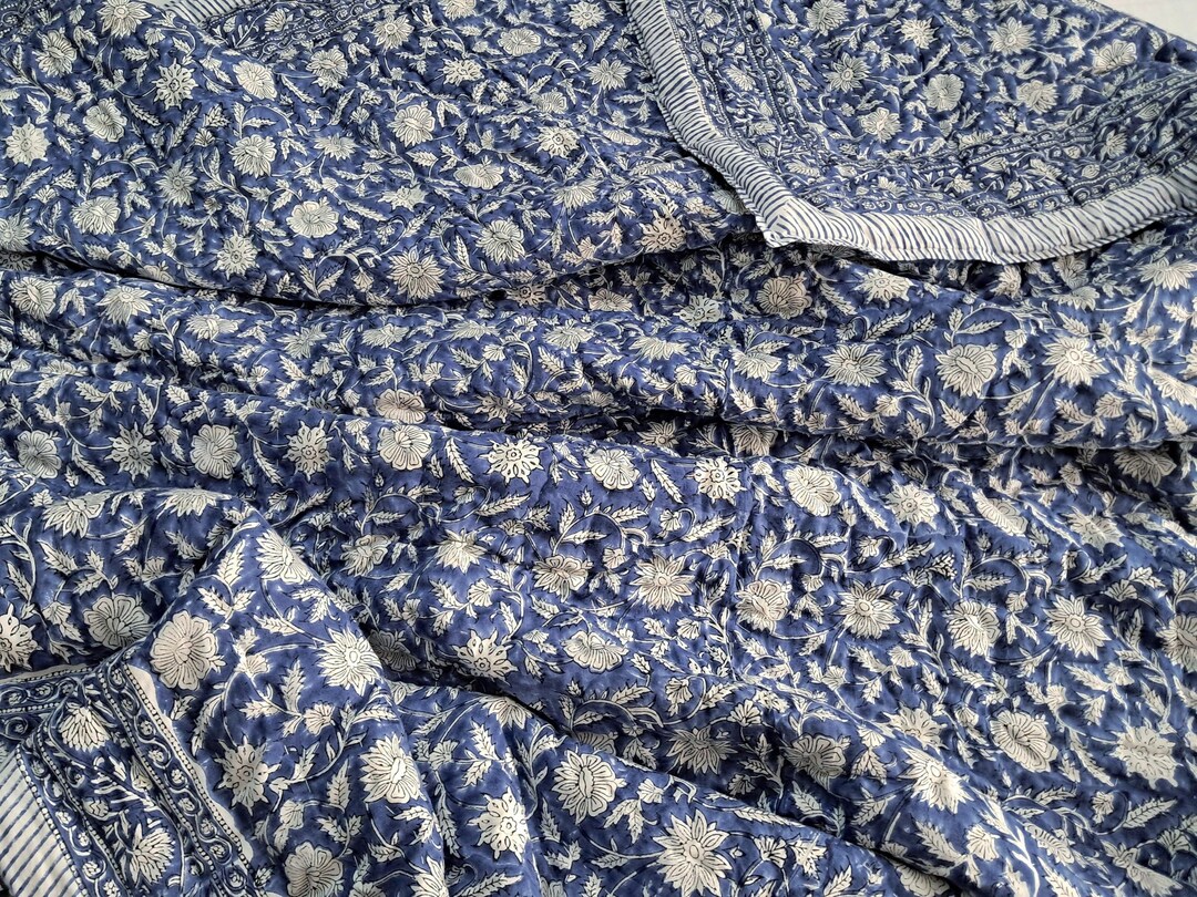 Cottagecore Indigo Blue Bedding Set - Soft Cotton Quilted Blanket, Pure ...