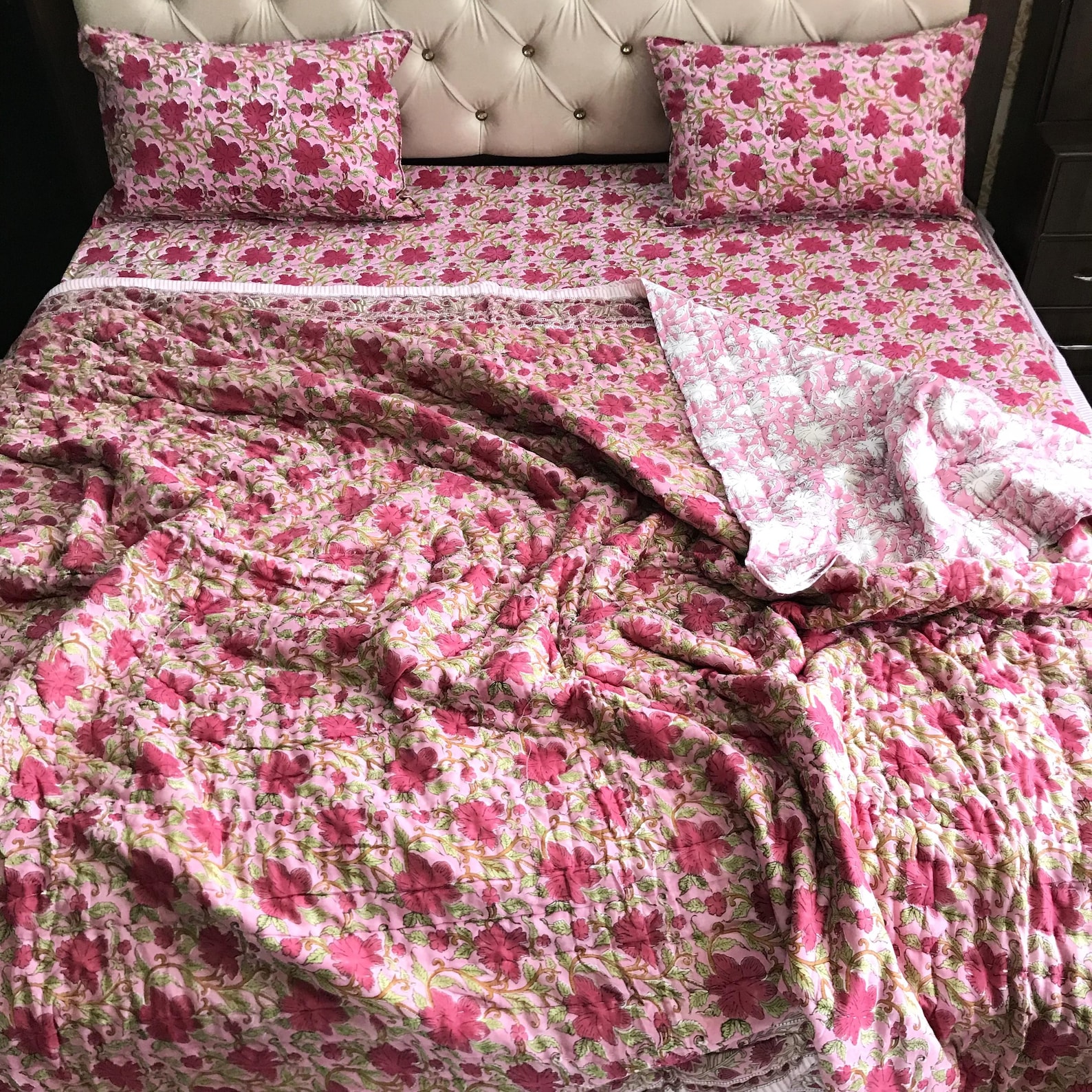Rose Pink Cotton Bedding Set | Pink Red Floral Quilted Blanket | Pink ...