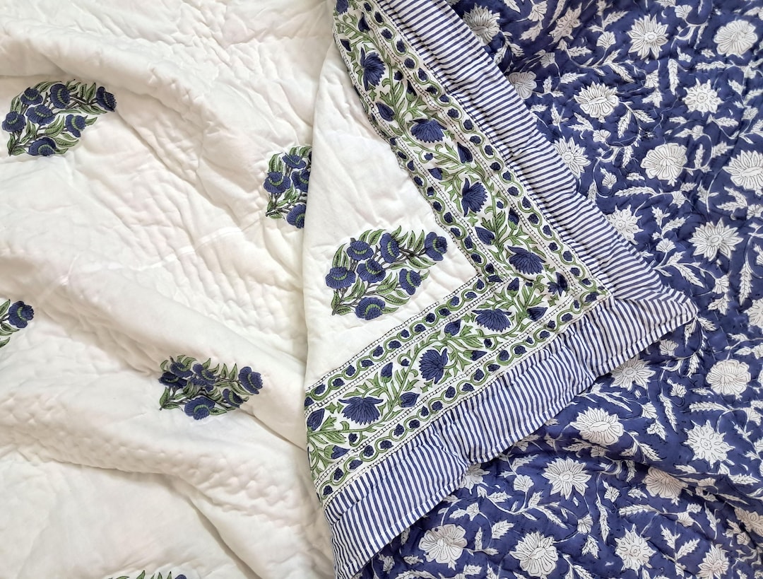 Block Print Cotton Quilt, Indigo Blue and Green Floral Duvet Cover Set ...