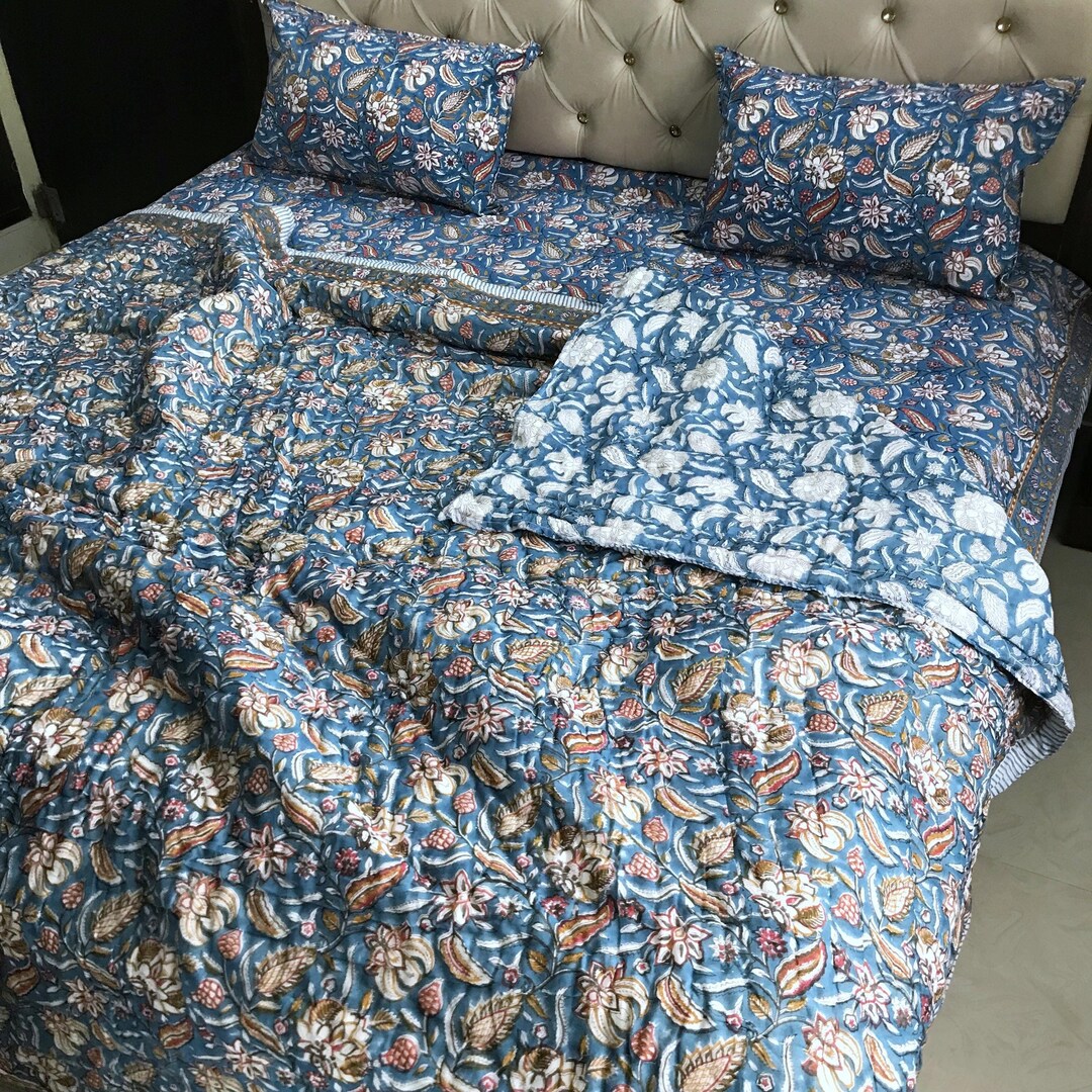 Hand Block Printed Cotton Quilt Jaipuri Bedspread Blue Kantha Cozy ...