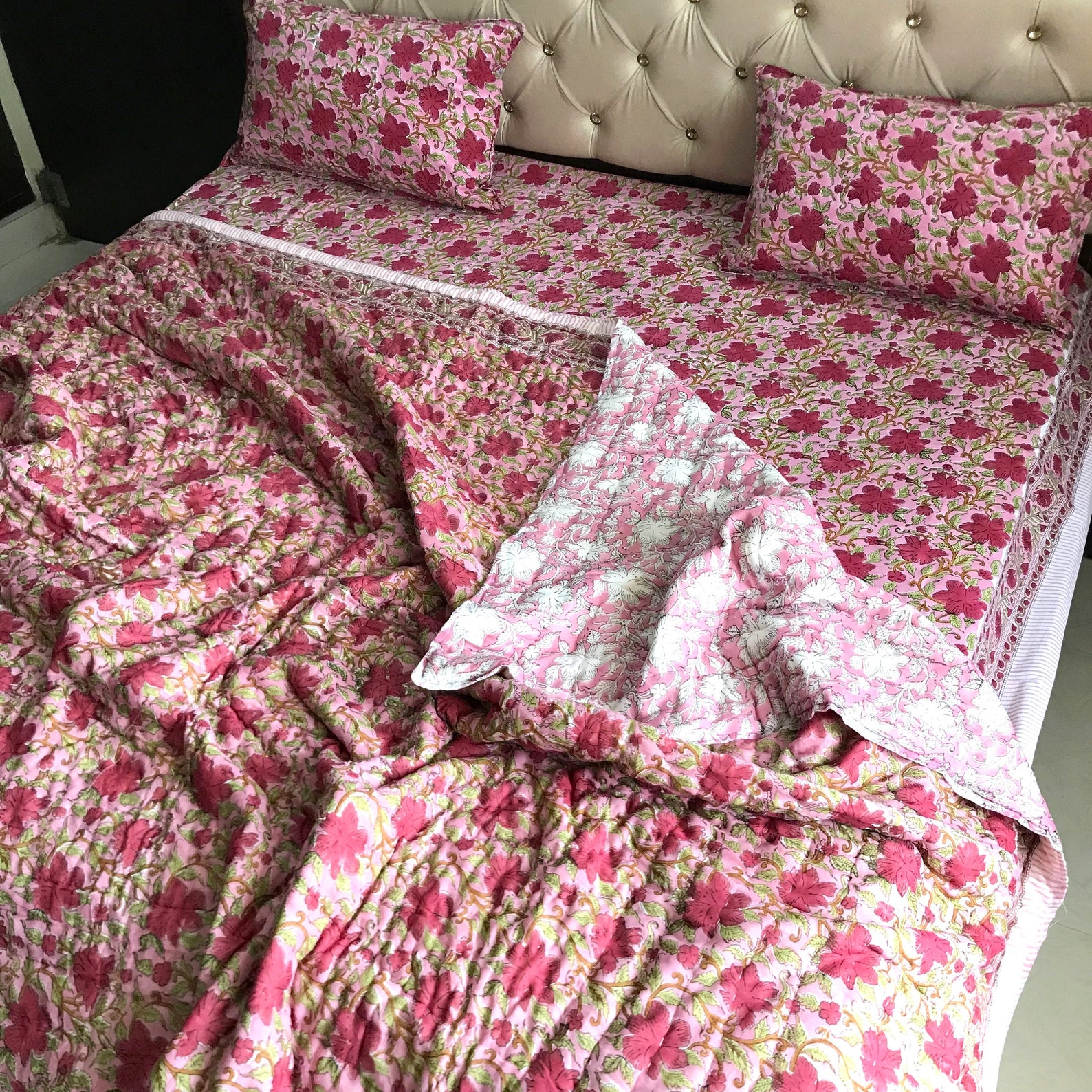 Rose Pink Cotton Bedding Set | Pink Red Floral Quilted Blanket | Pink ...