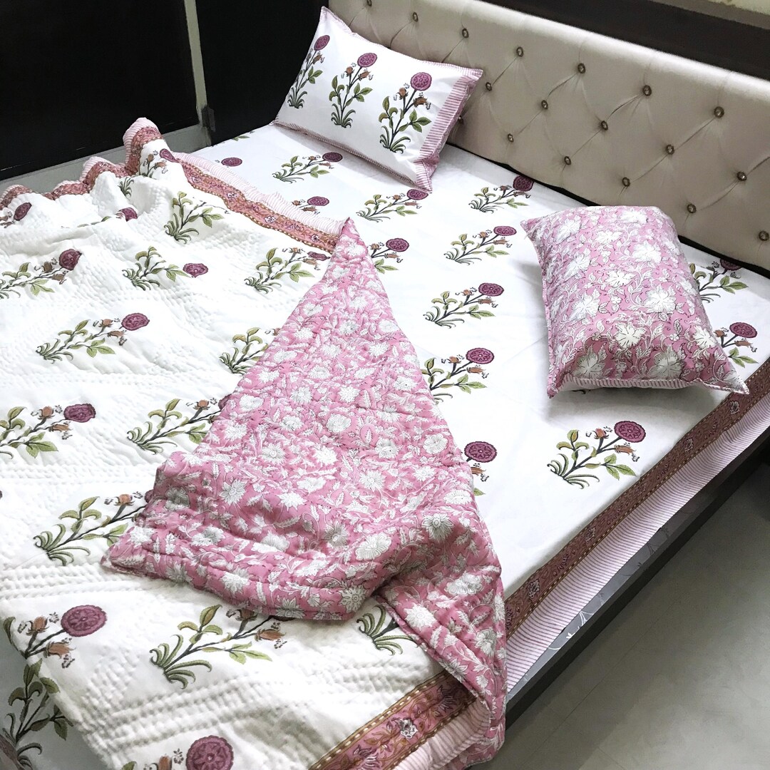 New Jaipuri Multi Color Flower Block Print Cotton Comforter, Reversible ...