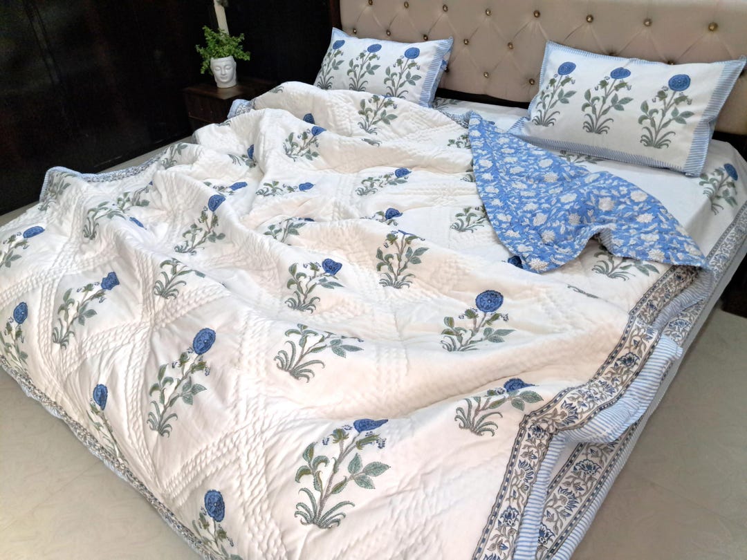 Blue Floral Quilt, Hand Block Printed Pure Cotton Throw Blanket, Blue ...