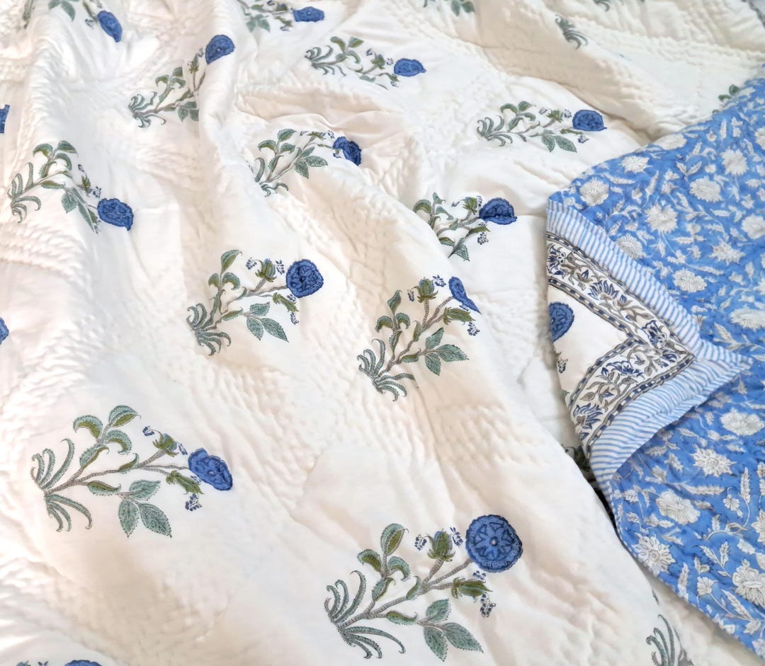 Vibrant Blue Cotton Quilts Kantha Floral Quilt, Indian Block Printed ...