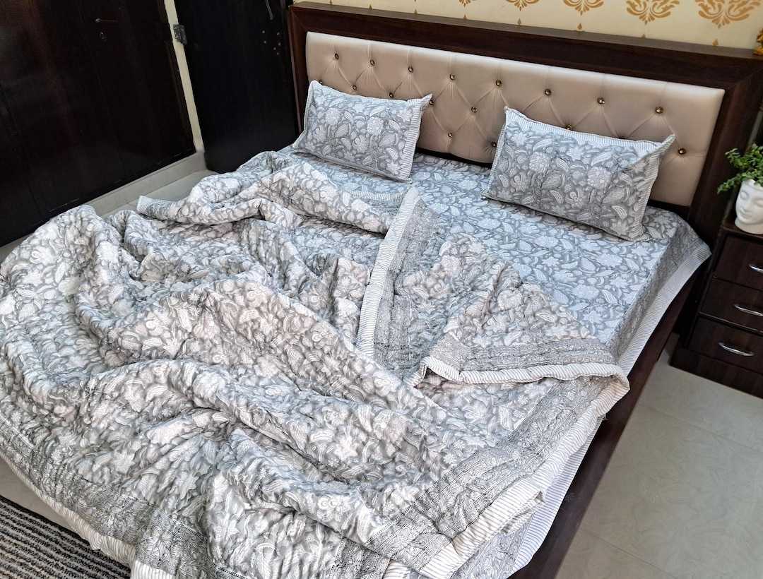 Coquette Bedding Set White Grey Floral Cotton Quilt Bed Sheet and ...
