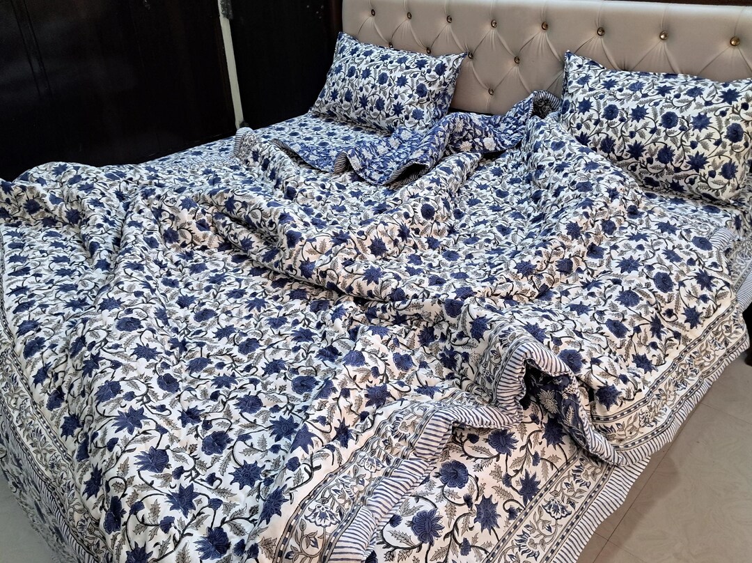 Midnight Blue Comforter Set Cotton Quilt Bed Sheet and Pillow Cover 4 ...