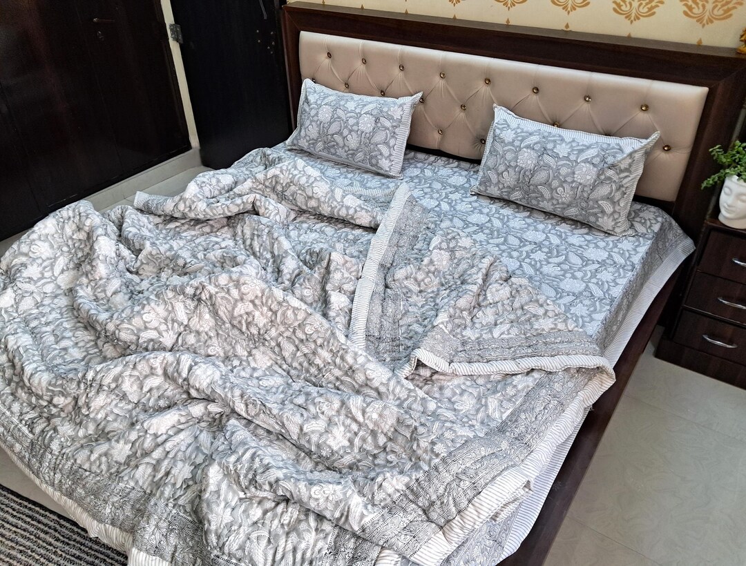 Grey Floral Cotton Duvet Cover Set Zipper Clouser Comforter Cover ...