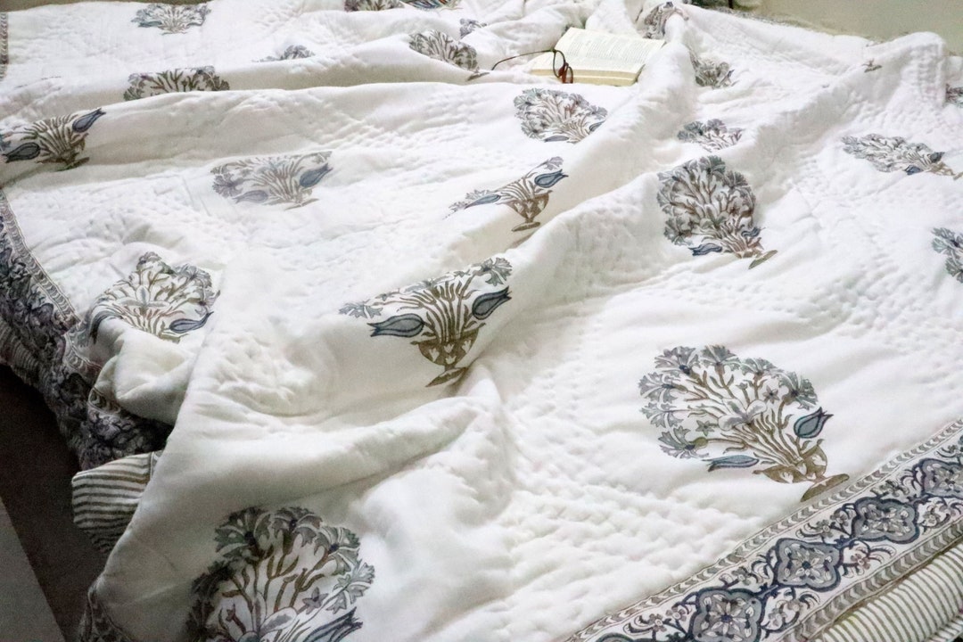 Hand Print Quilt, Hand Block Print Quilt, Hand Stitched Quilt, Washed ...