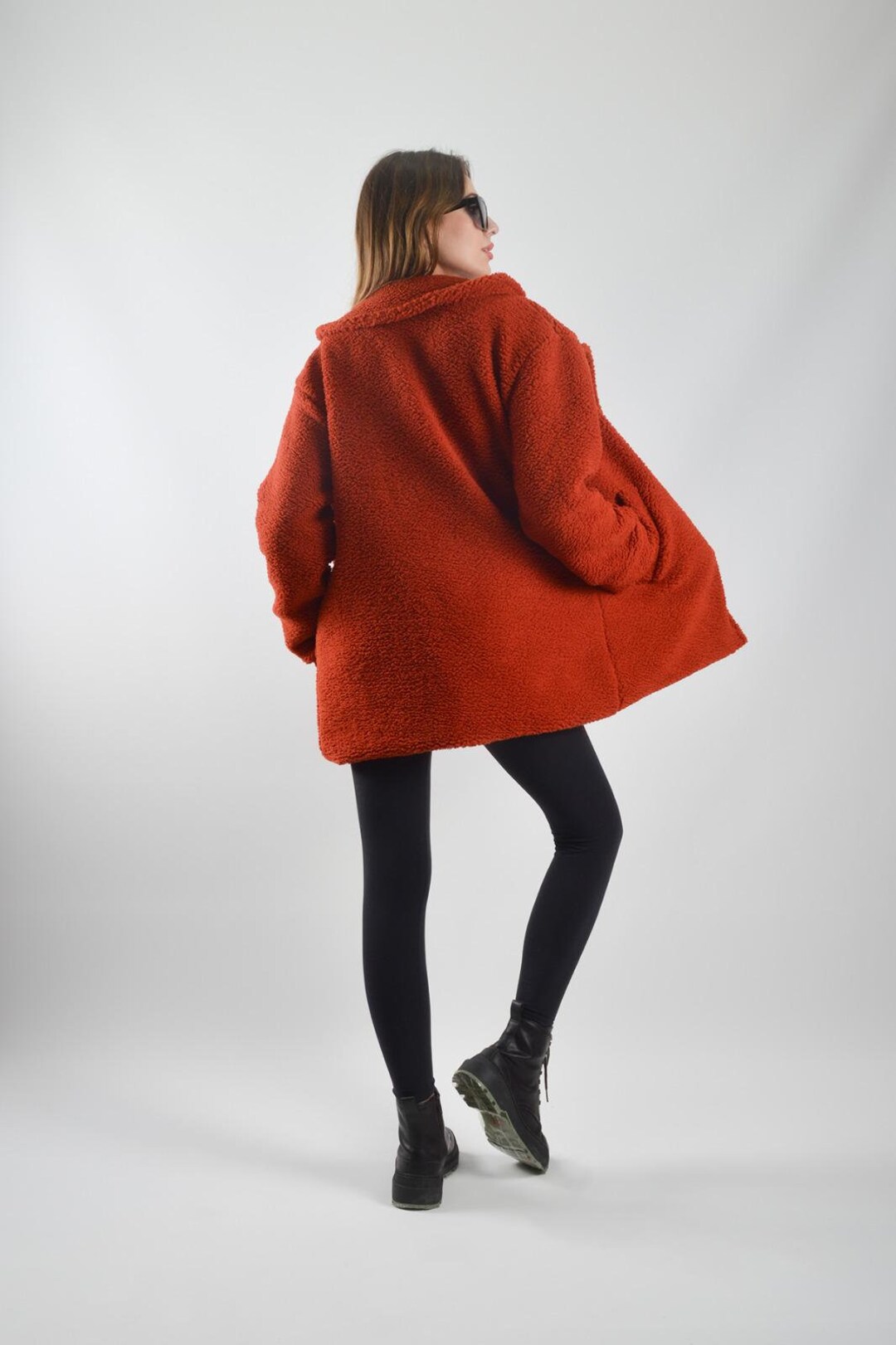 Luxurious Brick Color Sherpa Short Teddy Jacket With Compatible Satin ...