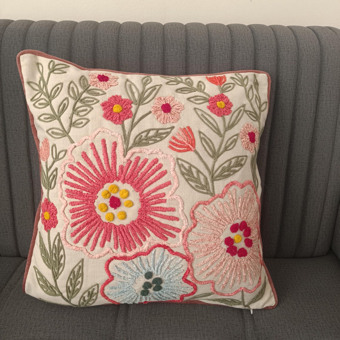 Embroidered Floral Cushion Cover: Handcrafted Pink & Green Cotton - Etsy