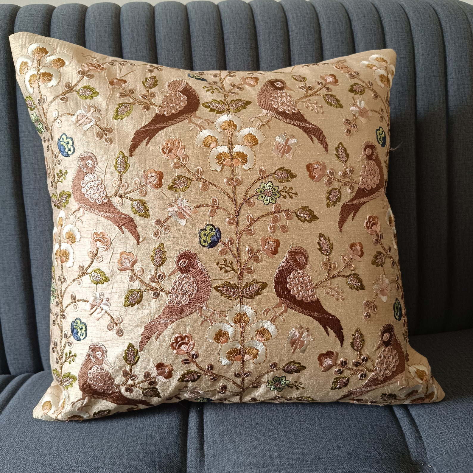Embroidered Silk Cushion Cover: Bird Design Decorative Pillow - Etsy