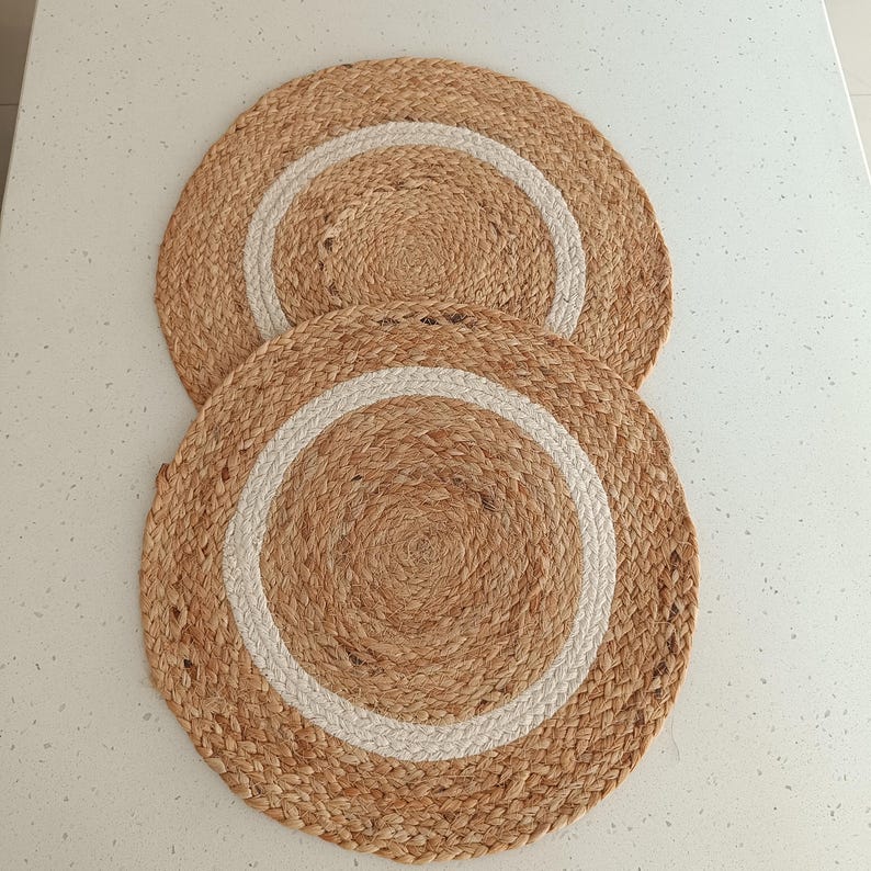 Handmade White and Beige Jute Cotton Placemat Set - 14 Inch Dia, Set of ...