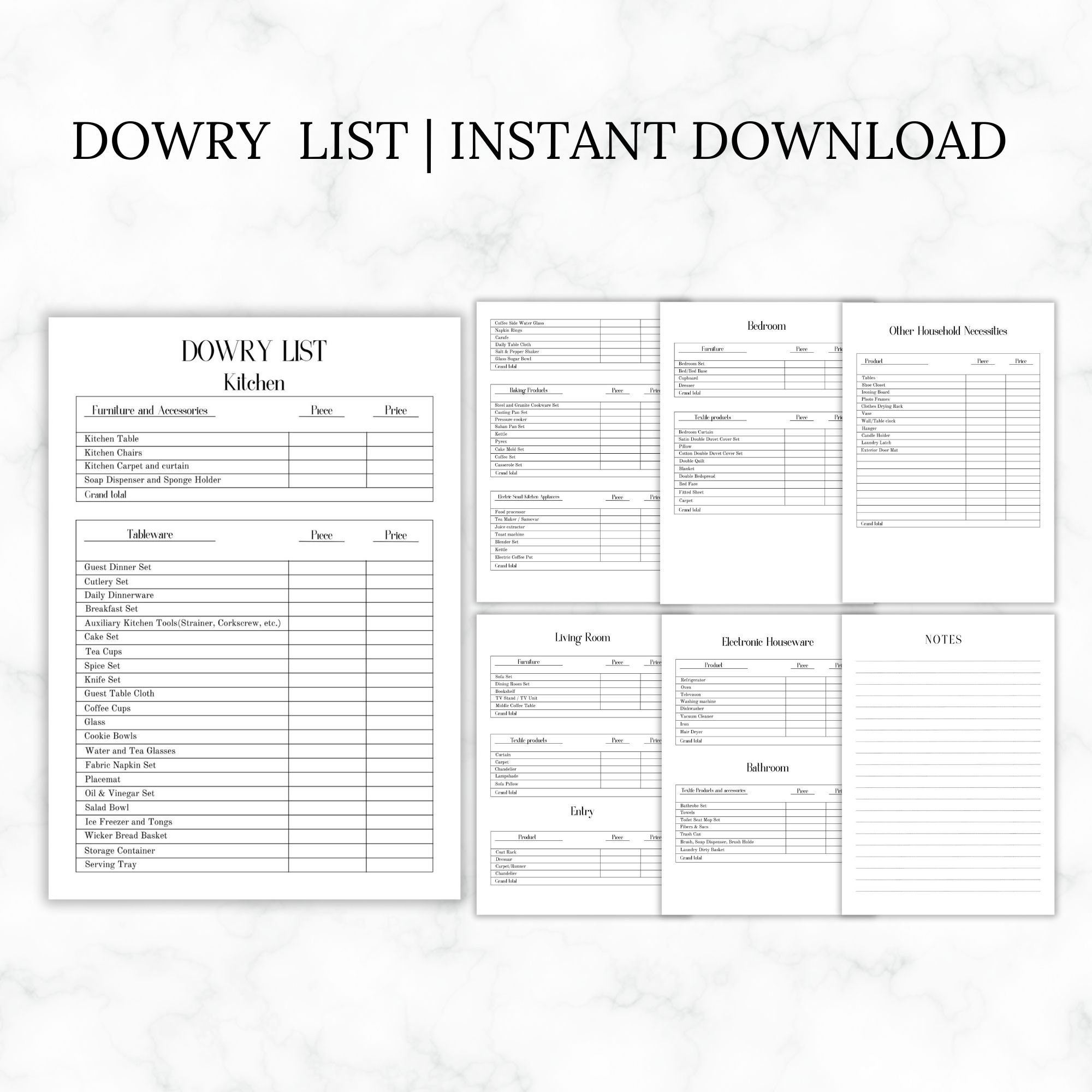 Dowry List, Wedding Planner, Printable Wedding Dowry List, A4 A5 Letter ...