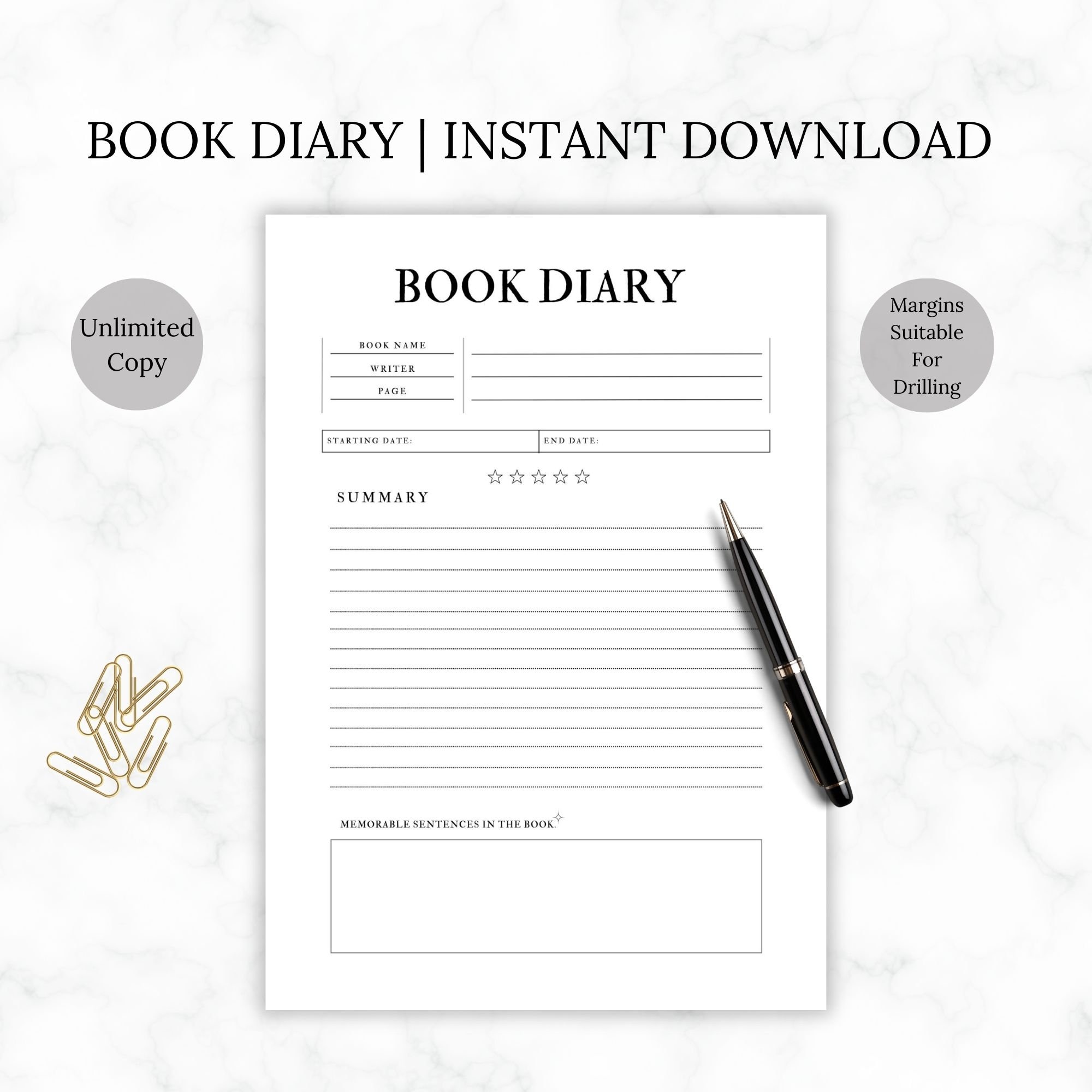 Book Diary, Simple Book Review Printable, A4 A5 Letter Size, Reading ...