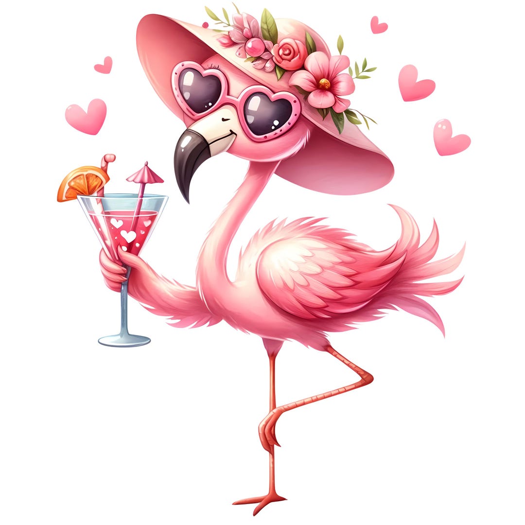 Pink Flamingo Clipart: Cocktail Flamingo PNG Floral Fancy Hat, Holding ...
