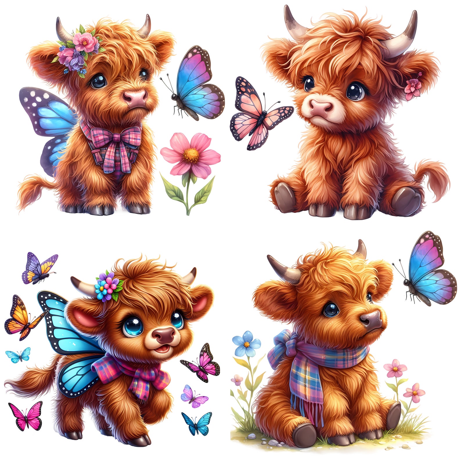 Highland Cow Butterfly Clipart, Cute Cartoon Highland Cows Butterflies ...